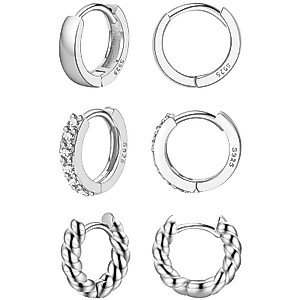 JASSEWRLY 3 Pairs 925 Sterling Silver Small Huggie Hoop Earrings for Women, Hypoallergenic Cubic Zirconia Hoops Huggie Earrings, Twisted Silver Mini Hoop Earrings Cuff Earring for Girls