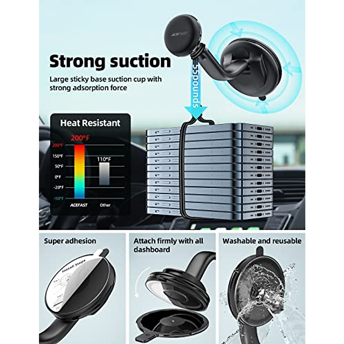 ACEFAST Magnetic Phone Car Mount, Universal Phone Car Holder Low Installation Height Built-in Four N52 Super Strong Magnets Large Sticky Base Suction Cup Dashboard Windshield Flexible Installation