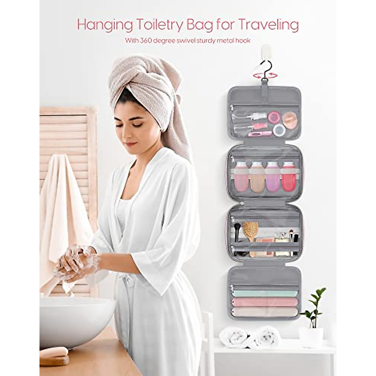 Morfone Travel Toiletry Bag with Leak Proof Bottles, Hanging Travel Makeup Organizer with TSA Approved Cosmetic Bag Portable Travel Bags for Toiletries Accessories Container Shampoo Conditioner