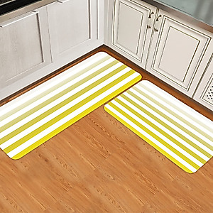 Yellow White Striped Kitchen Mat Set of 2, Cushioned Anti-Fatigue Kitchen Rugs, Waterproof & Non-Slipping Kitchen Mat for Floor, Durable Kitchen Rugs and Mats for Kitchen & Laundry, Gradient Color