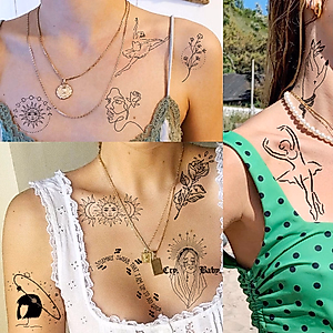 Shegazzi 28 Sheets 220+ Minimalism Temporary Tattoos - Moon, Sun, Stars, Snakes, Flowers for Women, Men, Adults, Kids