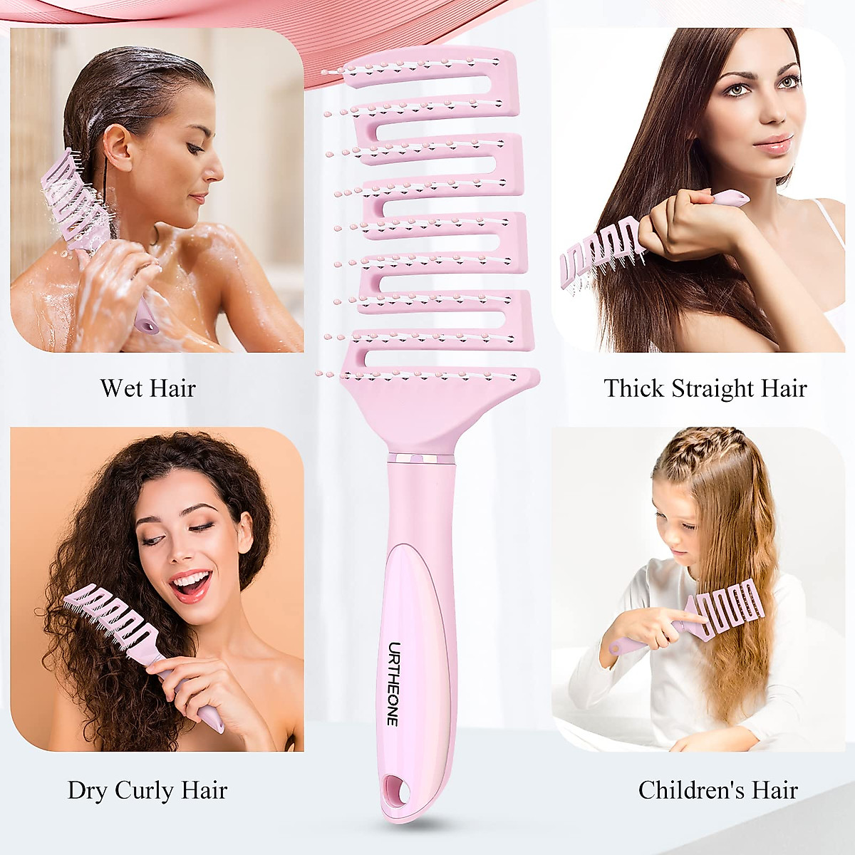 Hair Brush,Curved Vented Detangling Hair Brushes for Women Men Wet or Dry Hair,Faster Blow Drying Styling Professional Paddle Vent detangler brush for Curly Thick Wavy Thin Fine Long Short Hair (Pink)