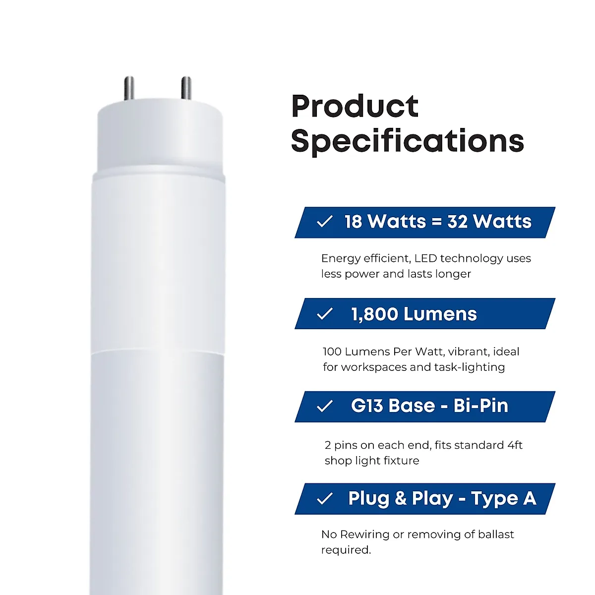 Feit Electric LED 4ft Bulbs T8, 32 Watt Equivalent, Type A Tube Light, Plug & Play, T8 LED Tubes, LED Fluorescent Replacement, Frosted, T848/850/LEDG2/2/5, Daylight, 10 Pack