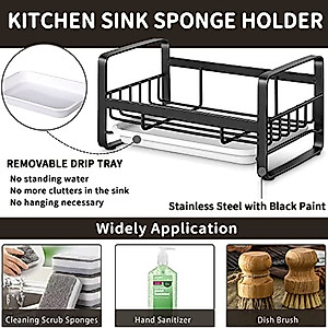YVMVDV Kitchen Sink Caddy Sponge Holder for Sink, 304 Stainless Steel Sink Caddy Organizer with Drain Pan,Kitchen Organizer Soap Brush Dispenser with Brush Dishrag Holder Rack (Black)