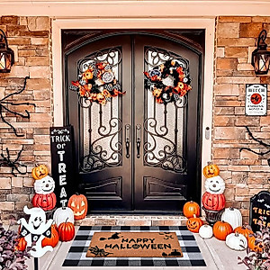 Halloween Decor Doormat Combo Set, 100% Coco Coir Welcome Mat + 28 x 43 Inches Black and White Plaid Mat- Halloween Front Porch Entryway Decor Floor Mat, Outdoor Mats Happy Halloween