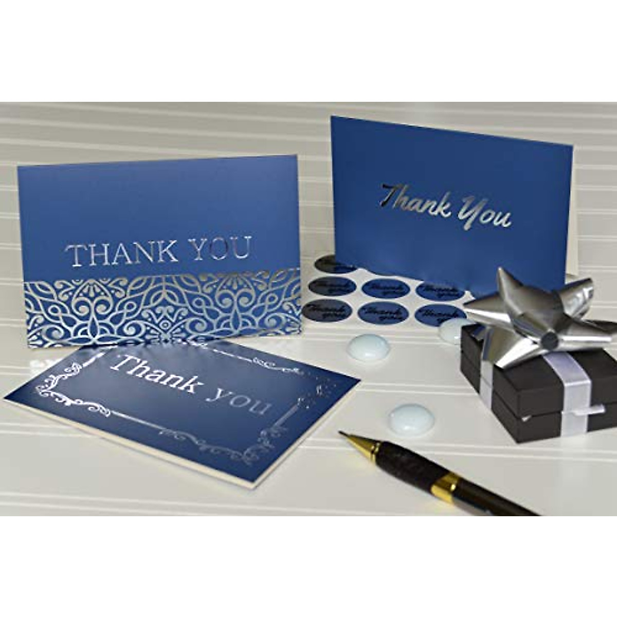 120 Thank You Cards in Navy Blue with Envelopes & Stickers - Elegant 6 Designs Bulk Notes Embossed with Silver Foil Letters for Wedding, Formal, Business, Graduation, Funeral 4x6 Inch Thick Card Stock