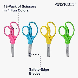 Westcott 13140 Right- and Left-Handed Scissors, Kids' Scissors, Ages 4-8, 5-Inch Blunt Tip, Assorted, 12 Pack