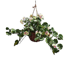 Pure Garden Faux Flowers - Light Pink Geranium Hanging Natural and Lifelike Floral Arrangement with Basket for Home or Office