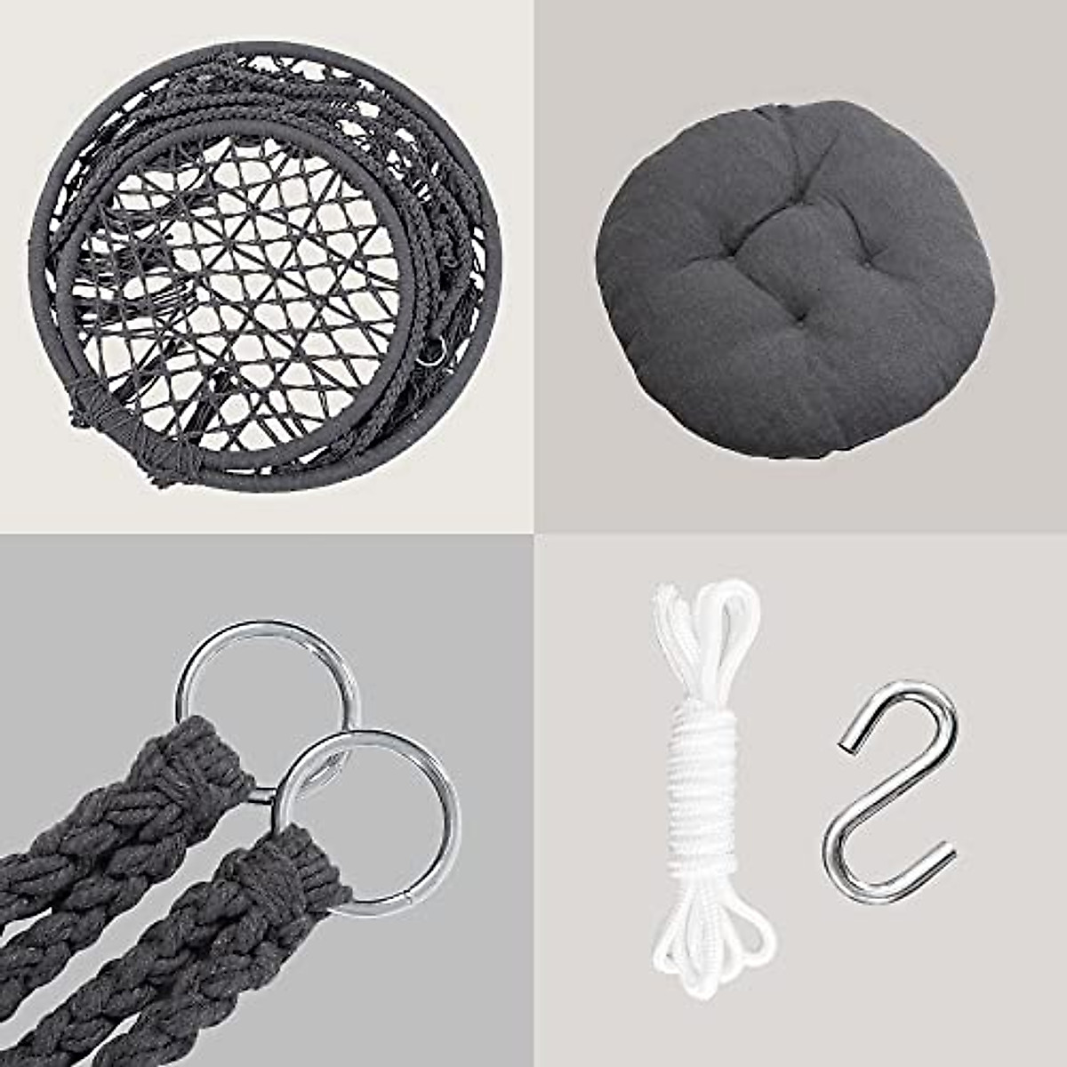 SUNCREAT Hammock Chair Hanging Macrame Swing with Cushion and Hardware Kits, Max 330 Lbs, Handmade Knitted Mesh Rope Swing Chair for Indoor, Outdoor, Bedroom, Patio, Yard, Deck, Garden, Grey