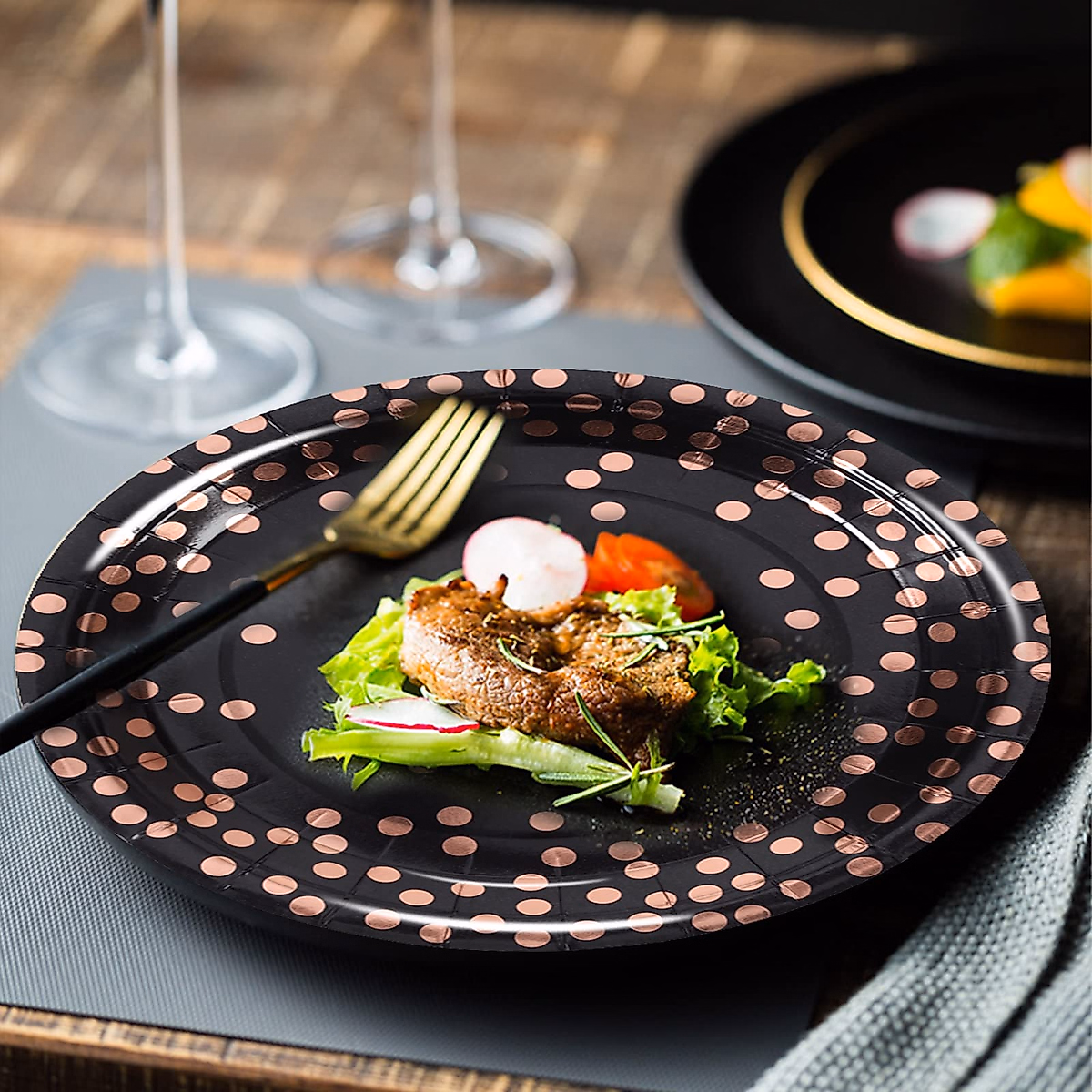 Simbago Black and Rose Gold Party Supplies-Disposable Dinnerware Set 50 Paper Plates 50 Dessert Plates 50 Cups 50 Napkins,Retirement Birthday