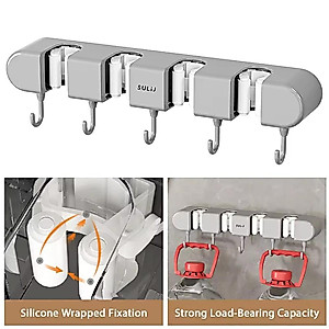 BBASILIYSD Punch Free Multifunctional Mop Holder,Multifunctional Mop Holder with Hook, Wall Mount Self Adhesive Broom,Broom Handle Holder with 3/4/5 Holders,for Kitchen, Bathroom, Garage