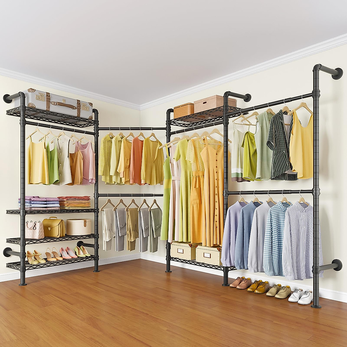 Timate L4 L Shape Garment Rack Heavy Duty Clothes Rack for Hanging Clothes, Expandable Industrial Pipe Clothing Rack, Wall Mounted Closet Organizer Large Wardrobe Closet Kit Corner Closet System Black
