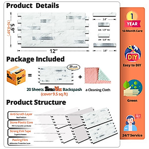 StyloVue 20 Sheets Peel and Stick Backsplash for Kitchen, White Marble with Metal Silver Look Stick on Tile Upgrade Your Kitchen Backsplash, RV, Fireplace