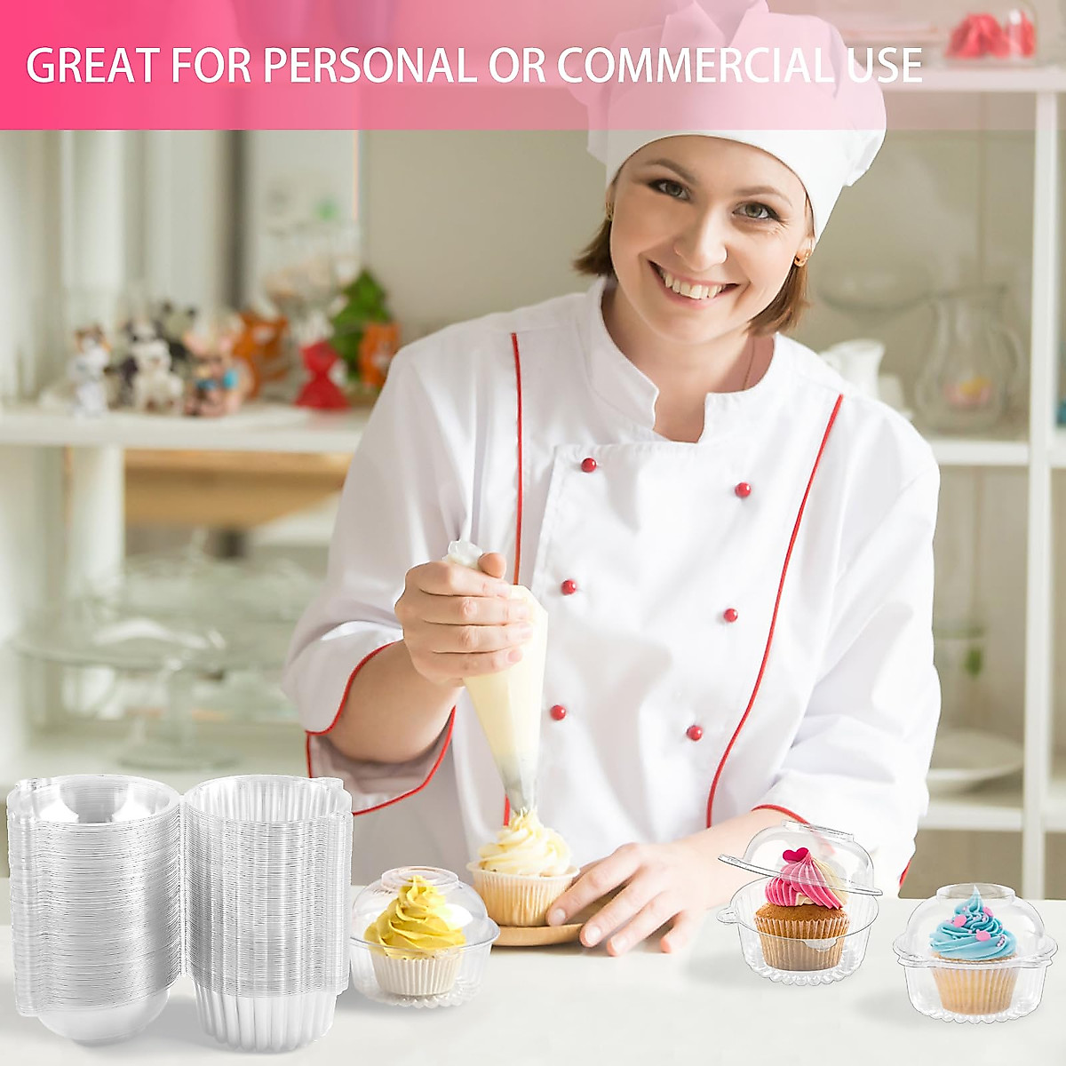 Zezzxu 100 Pack Individual Cupcake Containers, Clear Plastic Cupcake Holders with Dome Lids, Single Cupcake Carriers for Cupcakes, Hot Cocoa Bombs, Muffins, Pastries