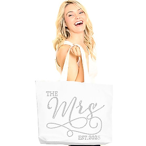 Gift Bag for Bride - Crystal Rhinestone The Mrs. Est. 2025 Rhinestone Modern Canvas Tote Bag - Bridal Shower Gifts - White Tote(Mod 2025 RS) Wht