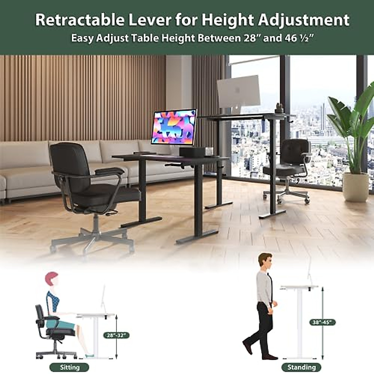 Our Modern Space Height Adjustable 44 Inches MANUAL Standing Desk - Ultra Durable Home Office Large Rectangular Computer or Laptop Sit Stand Workstation Table - 44 x 24 inches - BLACK