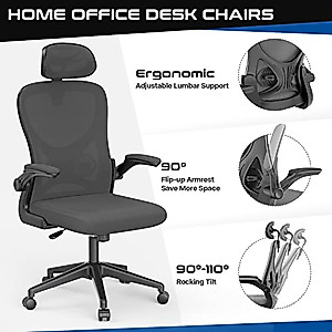 Laziiey Home Office Chairs with Flip Up Arms, Comfortable Computer Desk Chair with Wheels Adjustable Headrest and Lumbar Support for Home Office (Black)