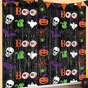 Halloween Party Decorations Scary Black Halloween Photo Backdrop Streamers, 2 Pack 3.3 x 6.6 FT Halloween Decor Foil Fringe Curtains Halloween Backdrops for Parties Birthday Window Door Indoor Outdoor