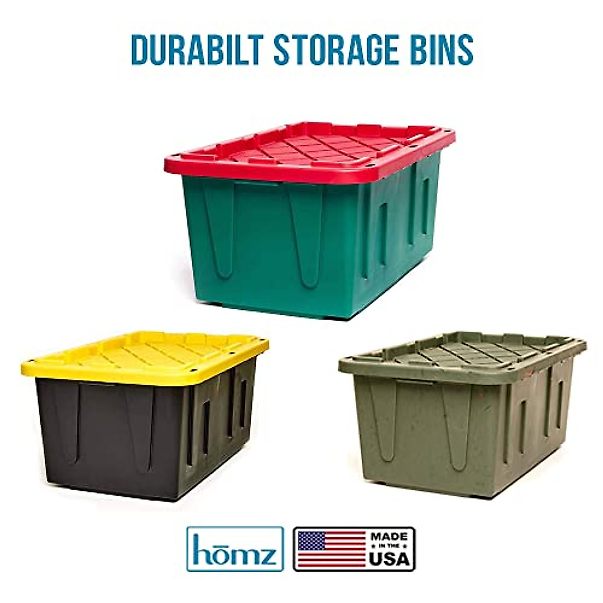 Homz 22-Gallon Durabilt Plastic Stackable Home Office Garage Storage Organization Container Bin w/Latching Lid and Handles, Black/Yellow (4 Pack)