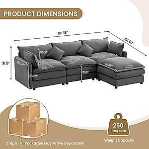 Comfy Cloud Couches for Living Room, 24.8" Extra Deep Modular Sectional Sofa with Ottoman Fluffy Chenille Modern Sofas Upholstered Comfortable L-Shaped Couch for Apartment Lounge Furniture Set (Grey)