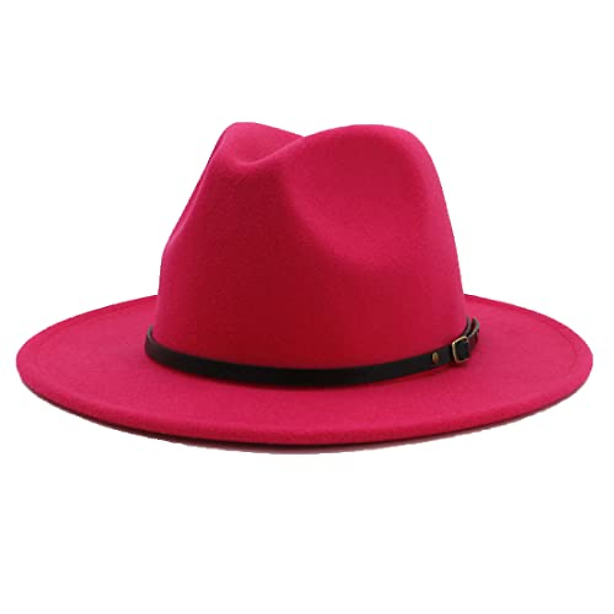 DT DANTIYA Women's Classic Wide Brim Wool Fedora Hat with Belt Buckle Felt Panama Hat Rose Red