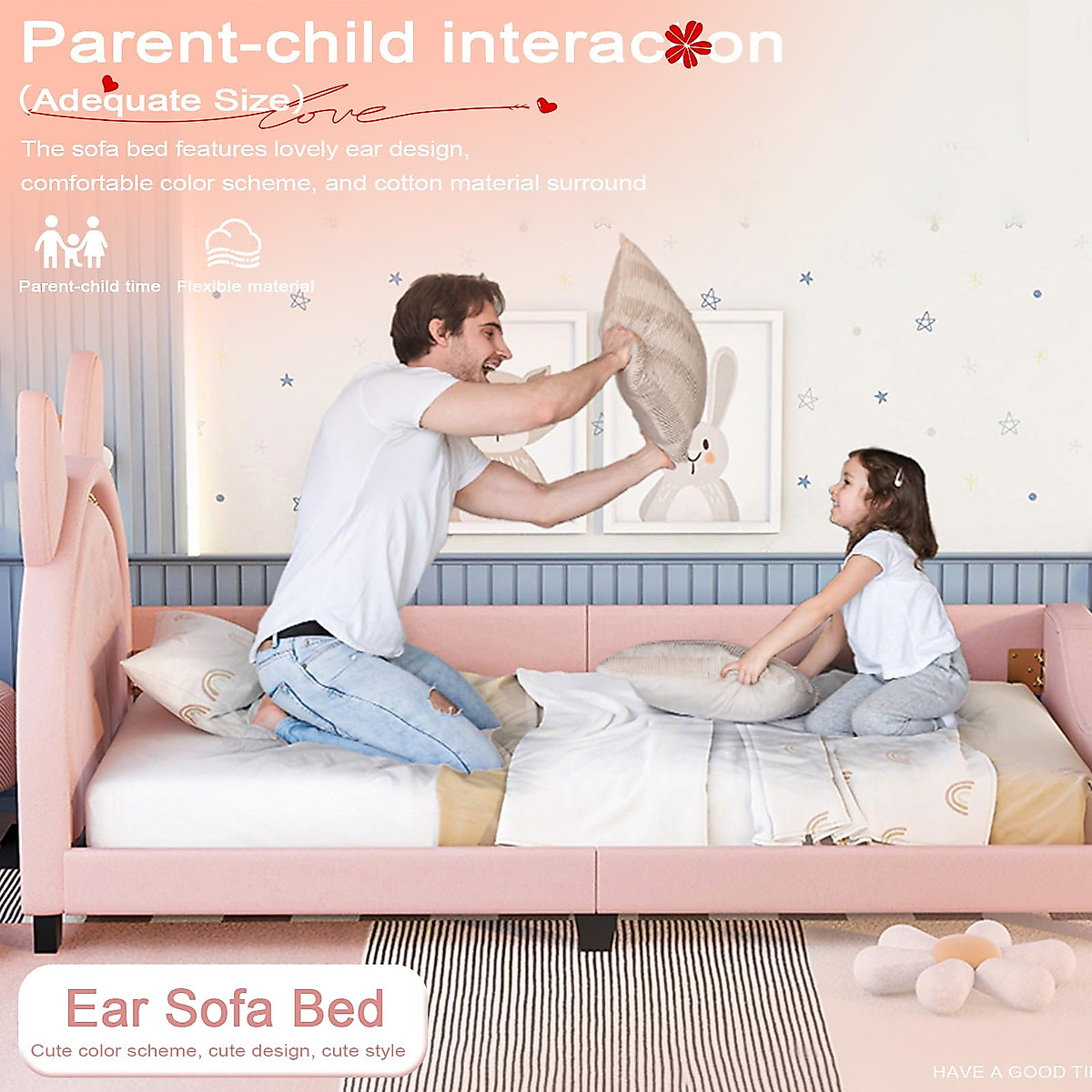 Cute Twin Size Upholstered Daybed, PU Leather Platform Bed with Carton Ears Shaped Headboard, Wooden Slat Supports Bed Frame for Kids, Girls, Boys, Child's Room, No Box Spring Needed (Pink)