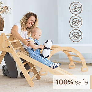 WEDANTA Foldable Climbing Toys Toddlers 4 in 1 - Pikler Triangle Climber Ramp Arch - Wooden Toddler Set 3 in 1 - Montessori Set - Pickler 3 Piece Gym for Kid - Anthill-3
