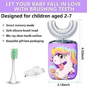 Tikmos Kids Electric Toothbrush, U Shaped Ultrasonic Automatic Toothbrushes Unicorn Design with Six Modes Smart Timer Replacement Brush IPX7 Waterproof Auto Toothbrush for Toddler 360 Oral Cleaning