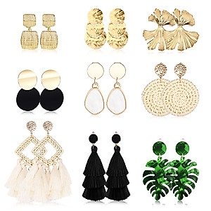 FINREZIO 9 Pairs Clip on Drop Earrings for Women Statement Rattan Resin Acrylic Drop Dangle Earrings Lightweight Geometric Rattan Tassel Hoop Drop Dangle Earrings Jewelry, Zinc, No Gemstone