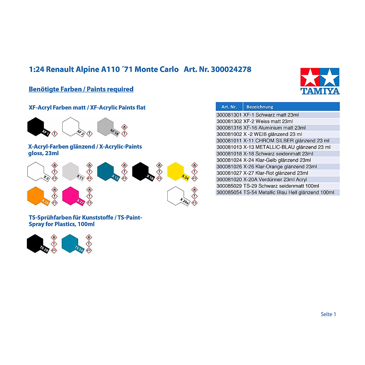 Tamiya 300024278 1:24 Renault Alpine A110 ‘71 Monte Carlo, Blue