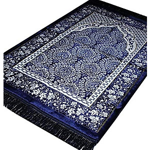 Modefa Turkish Islamic Prayer Rug - Soft & Plush Velvet Praying Carpet - Traditional Muslim Prayer Mat - Muslim Janamaz Sajada - Ramadan or Eid Gift - Kufi Prayer Cap - Floral Ipek (Blue)