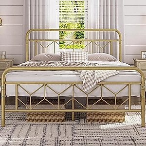 Yaheetech Metal Platform Bed Frame Mattress Foundation with Diamond Pattern Headboard/Footboard/Heavy Duty Steel Slat Support/Under Bed Storage/No Box Spring Needed/Full Size Antique Gold