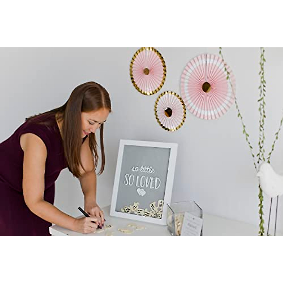 Pearhead So Little So Loved Wooden Elephant Token Frame, Little Wishes Signature Baby Shower Guestbook Alternative, Gender-Neutral Pregnancy Keepsake With 65 Signature Tokens and Pen, Gray and White