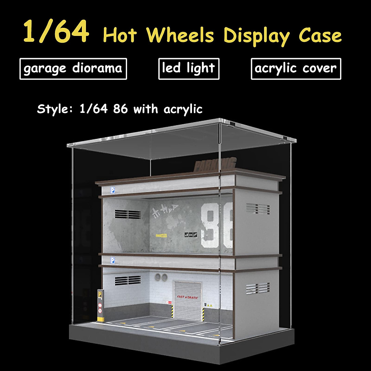 Hot Diecast Wheels Display Case - 1/64 Scale Die-cast Model Car Display Case with LED Light and Acrylic Cover, Wooden Parking Garage in 3 Floors with 10 Parking Spaces (86)