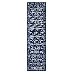 Antep Rugs Alfombras Non-Skid (Non-Slip) 2x7 Rubber Backing Floral Geometric Low Profile Pile Indoor Area Runner Rugs (Navy Blue, 2' x 7')