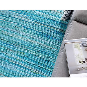 Unique Loom Chindi Cotton Collection Soft Hand Woven Natural Fiber Striped Area Rug, 2 ft 2 in x 6 ft 7 in, Turquoise/Ivory