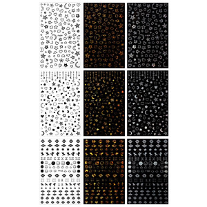 JMEOWIO 9 Sheets Moon Star Nail Art Stickers Decals Self-Adhesive Pegatinas Uñas Gold Silver Black Nail Supplies Nail Art Design Decoration Accessories