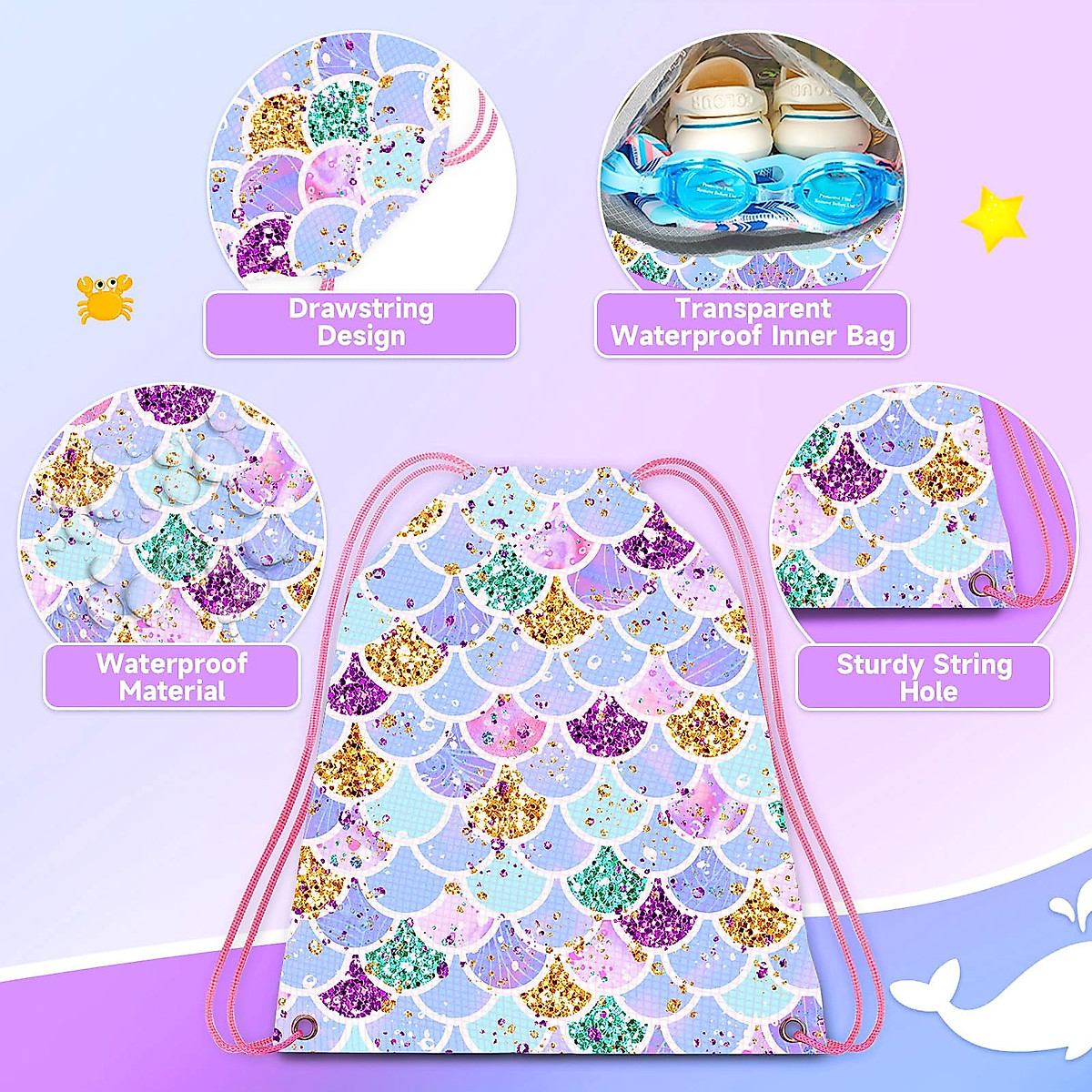 RLGPBON Drawstring Bag for Kids,Gym Bag girls Waterproof Drawstring Backpack Swim Pool Bag for Boys and Girls Kids Beach Sport String Bag Shopping Swimming Travel Sackpack