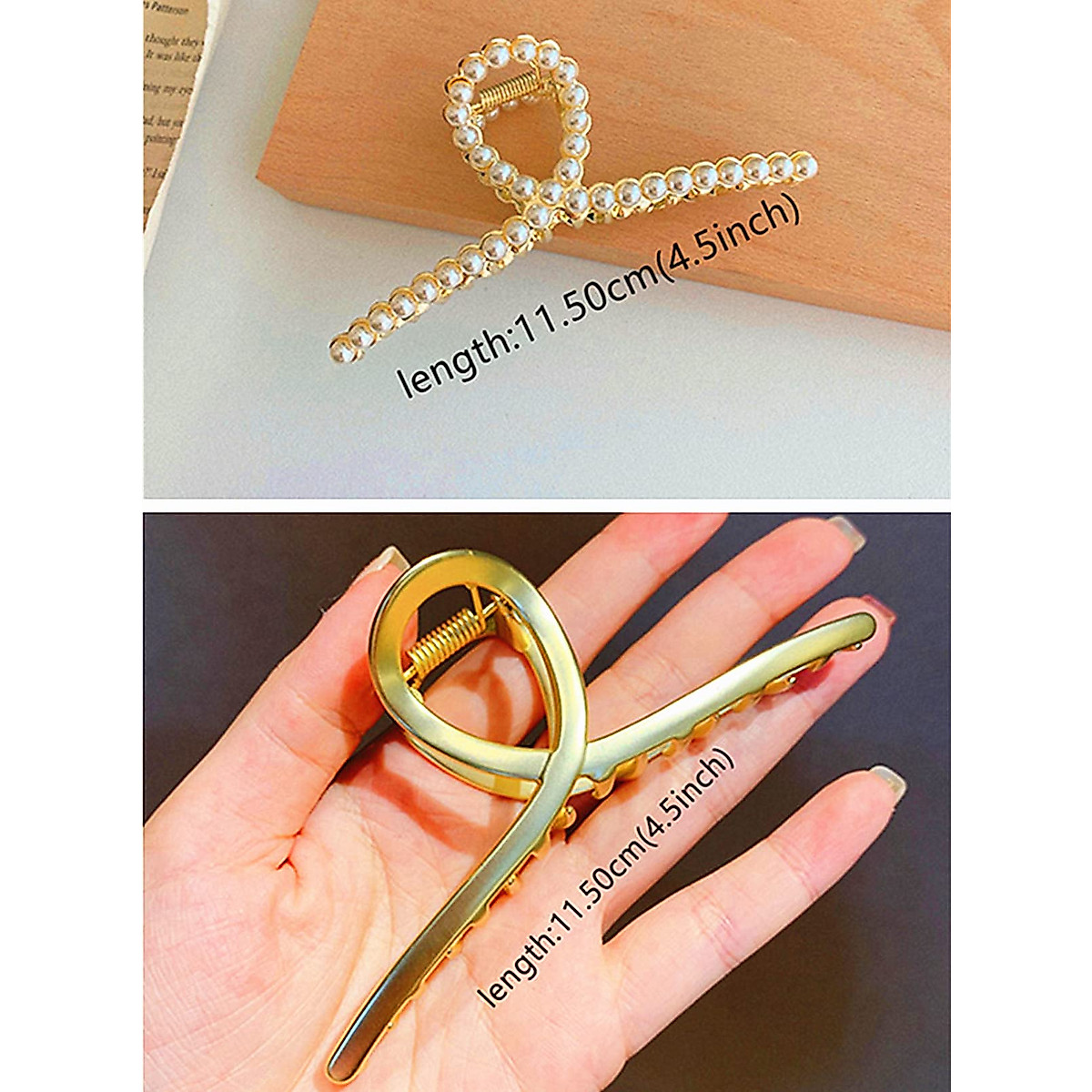 2 PACK Strong Large Pearl Metal CZ Aleck Hair Clip, Nonslip Large Claw Clip, Big Hair Claw Clips For Women (L-GOLD)