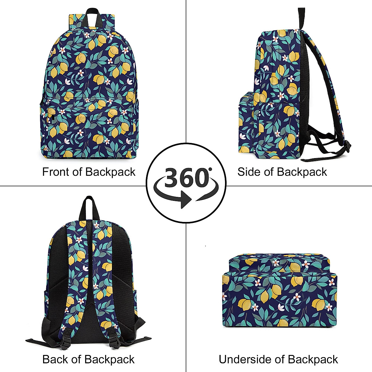 Classic Lemon School Backpack for Teens Girls Students, 17 Inch Lightweight Middle School Bookbags, Casual Daypack with 15 Inch Laptop Compartment for College, Office or Travel, Black