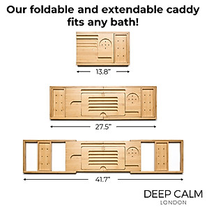 Deep Calm Bathtub Tray Caddy - Bamboo Foldable Bath Tub Table, Expandable Bath Tray Holds All Bathtub Accessories, Perfect Luxury Relaxing Gift for Self Care