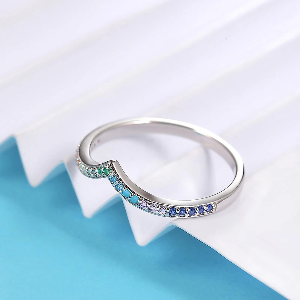 Qings 925 Sterling Silver Chevron Ring, Colorful Cubic Zirconia V Shape Stackable Ring Promise Ring Wedding Ring Engagement Ring for Women Birthday Gifts