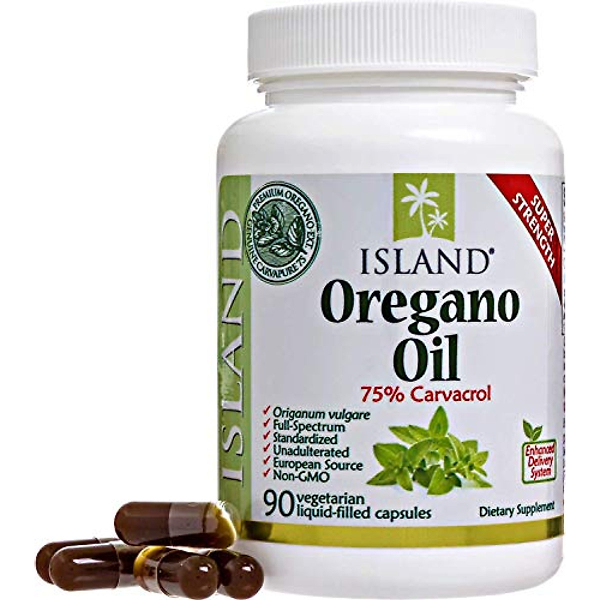 Island Nutrition, Oregano Oil Capsules, Liquid-Filled - Super-Strength Immune Support - Organic Ingredients - 75% Carvacrol - Grown in Spain - Oil of Oregano Capsules with Enhanced Delivery (90 Count)