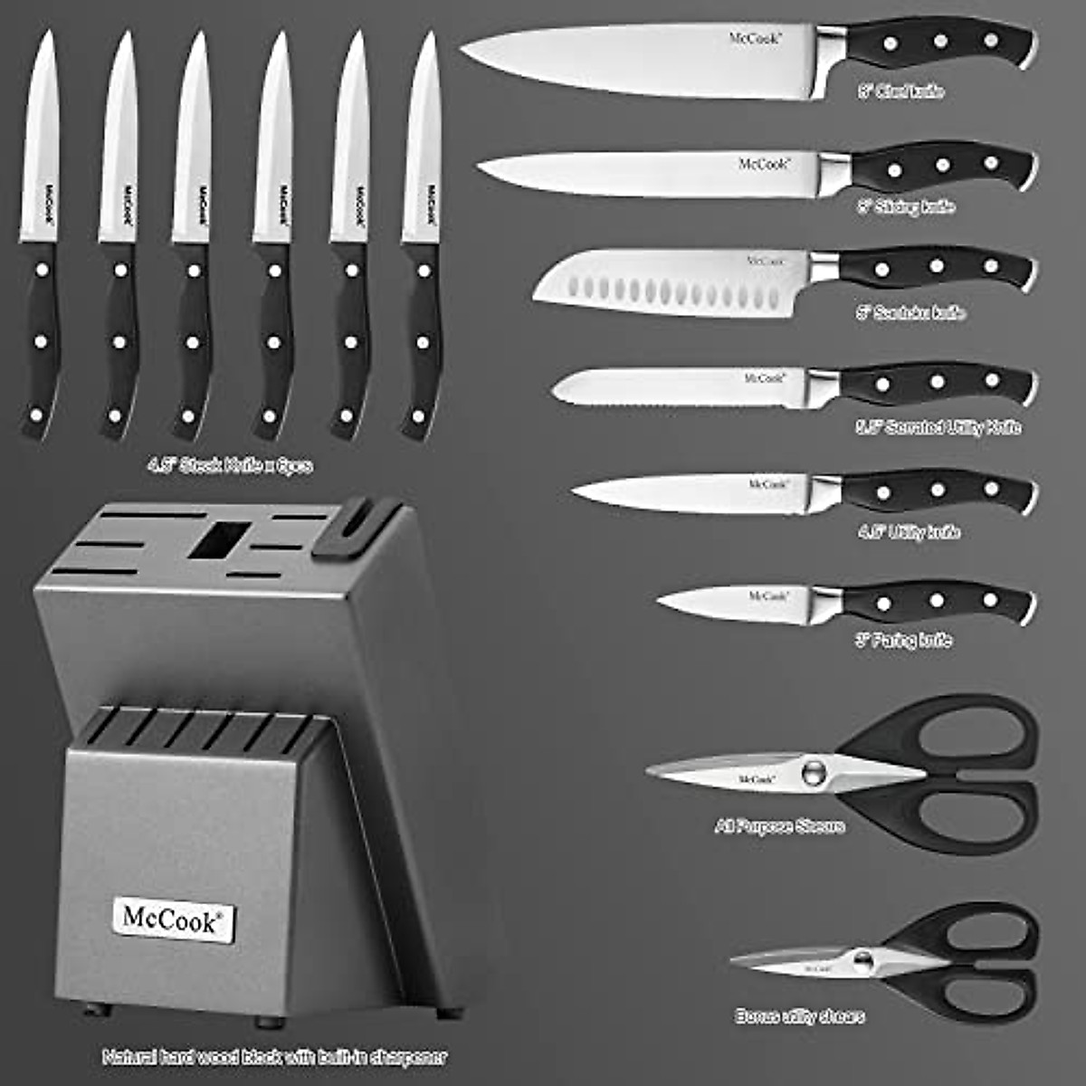 McCook® MC25A Knife Sets,15 Pieces German Stainless Steel Kitchen Knife Block Set with Built-in Sharpener