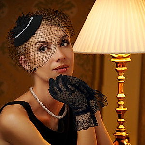 Hicarer 50s Fascinator Hat for Women Girl Funeral Veil Hat Pillbox Cocktail Tea Party Headpiece and Lace Glove Pearl Necklace(Black, Gold)