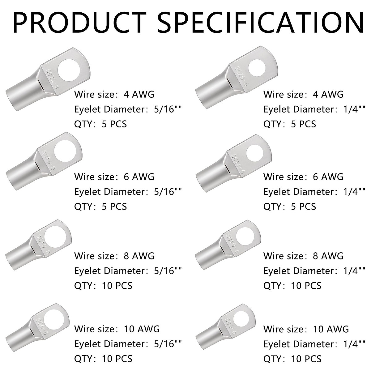 60PCS Tinned Copper Wire Lugs Assortment Kit - Standard 10-4 Gauge Wire Connectors Battery Cable Lugs,Automotive Replacement Battery Terminal Connectors