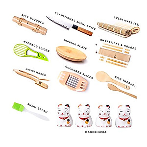 Sushi Making Kit- Complete Sushi Making Kit for Beginners & Pros Sushi Makers, Perfect Sushi Making Kitchen Accessories Like Sushi Knife, 2 Sushi Mats, Rice Bazooka, Dipping Plate, & More (Bamboo)