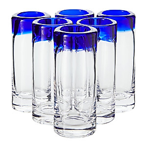 Okuna Outpost Set of 6 Hand Blown Mexican Double Shot Glasses, 2oz Cobalt Blue Rim Tequila Sipping Set