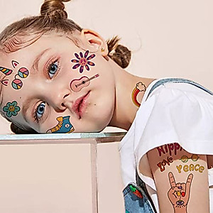 Ooopsiun Hippie Temporary Tattoos for Kids - 70 Styles,Groovy 70s Peace and Love Flower Power Birthday Party Favors for Boys Girls