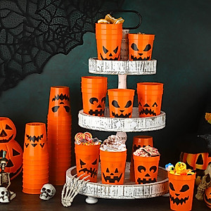 Sliner 60 Pieces Halloween Jack O Lantern Cups 12 oz Plastic Scary Printed Pumpkin Design Cup Reusable Orange Cute Halloween Party Supplies for Liquor Juice Hot Cold Drinks Coffee Kitchen Adult Kids